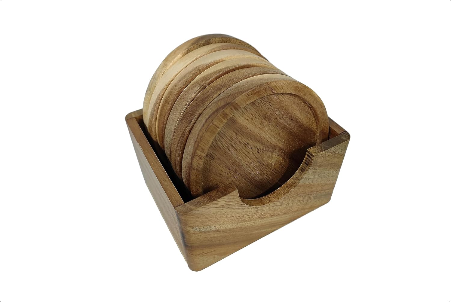 Amazon.com: 6 Piece Acacia Wood Coaster Set with Holder in a Gift Box ...