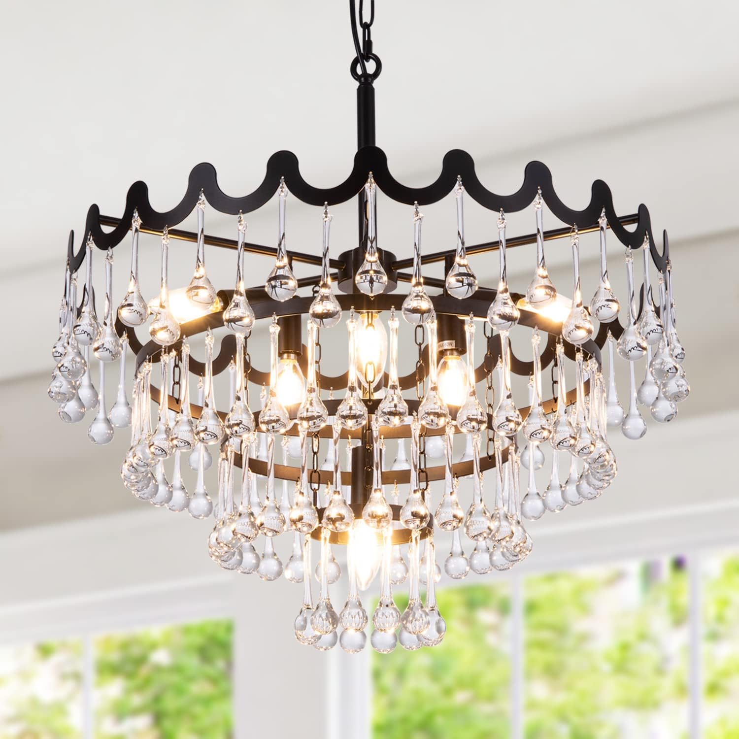 Wellmet Modern Black Crystal Chandelier, 24'' Round 4-Tier Crystal ...