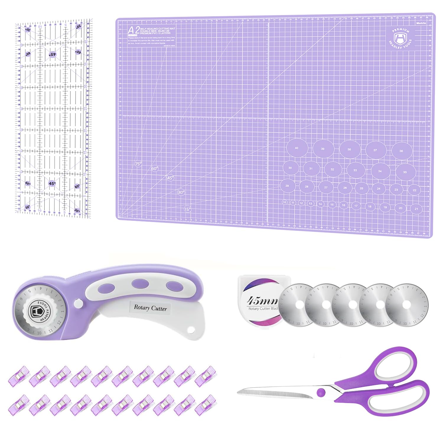 Rotary Cutter Set Purple - Quilting Kit incl. 45mm Fabric Cutter, 5 ...