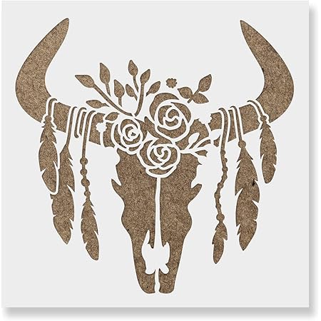 Amazon.com : Feathered Cow Skull Stencil Template for Walls and Crafts ...