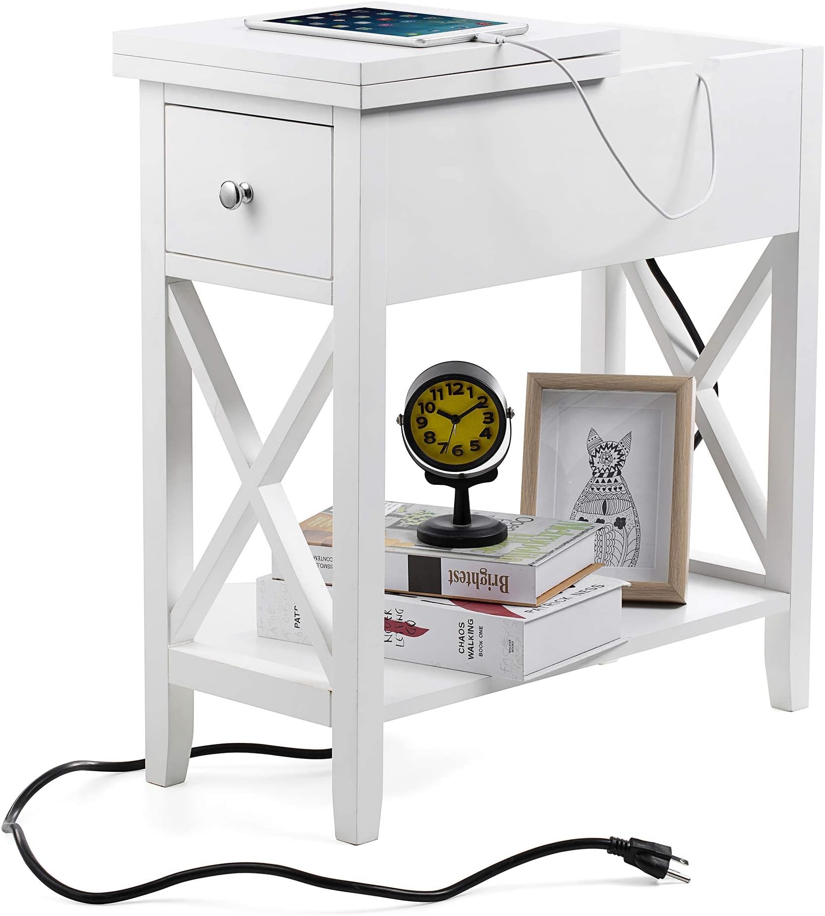 Amazon.com: Avger Narrow Side Table with Charging Station: White End ...