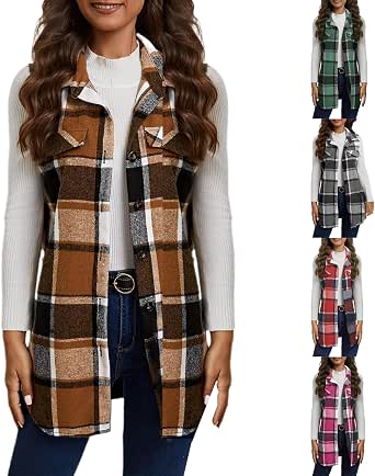 Long Plaid Vest for Women Sleeveless Coat Lightweight Lapel Neck Button ...