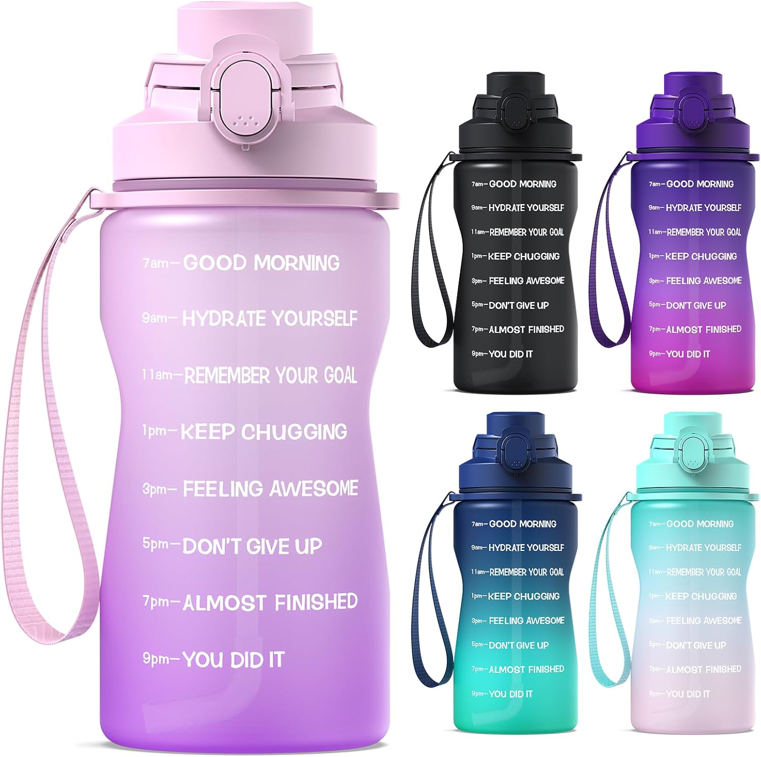 Y&3 Botella de agua de medio galón de 64 onzas con popote y marcador de tiempo, botella de agua ...