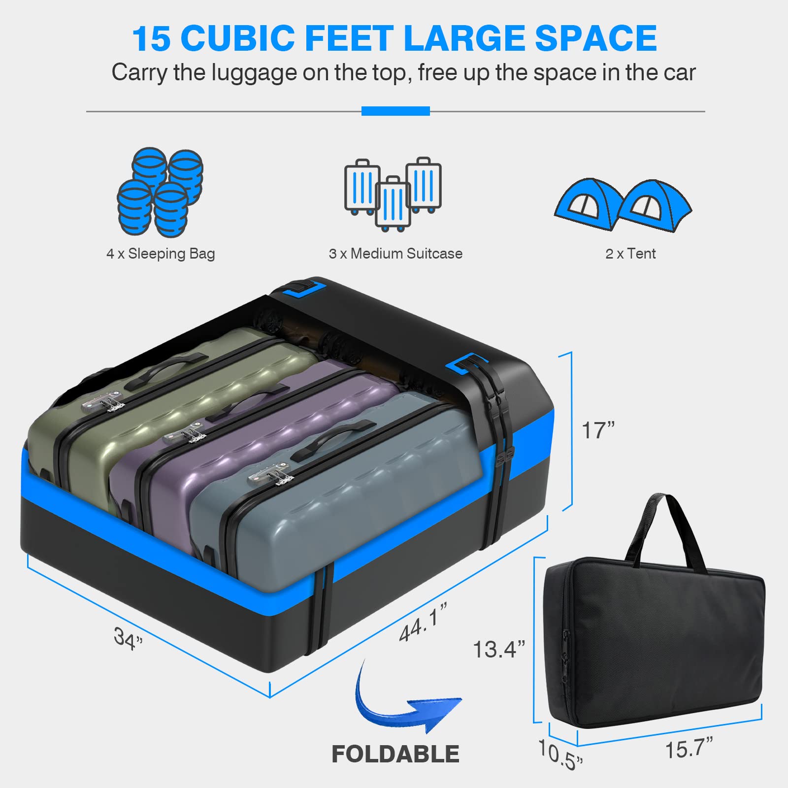APTY Car Rooftop Cargo Bag Carrier, 15 Cubic Feet Soft Roof Top Luggage ...