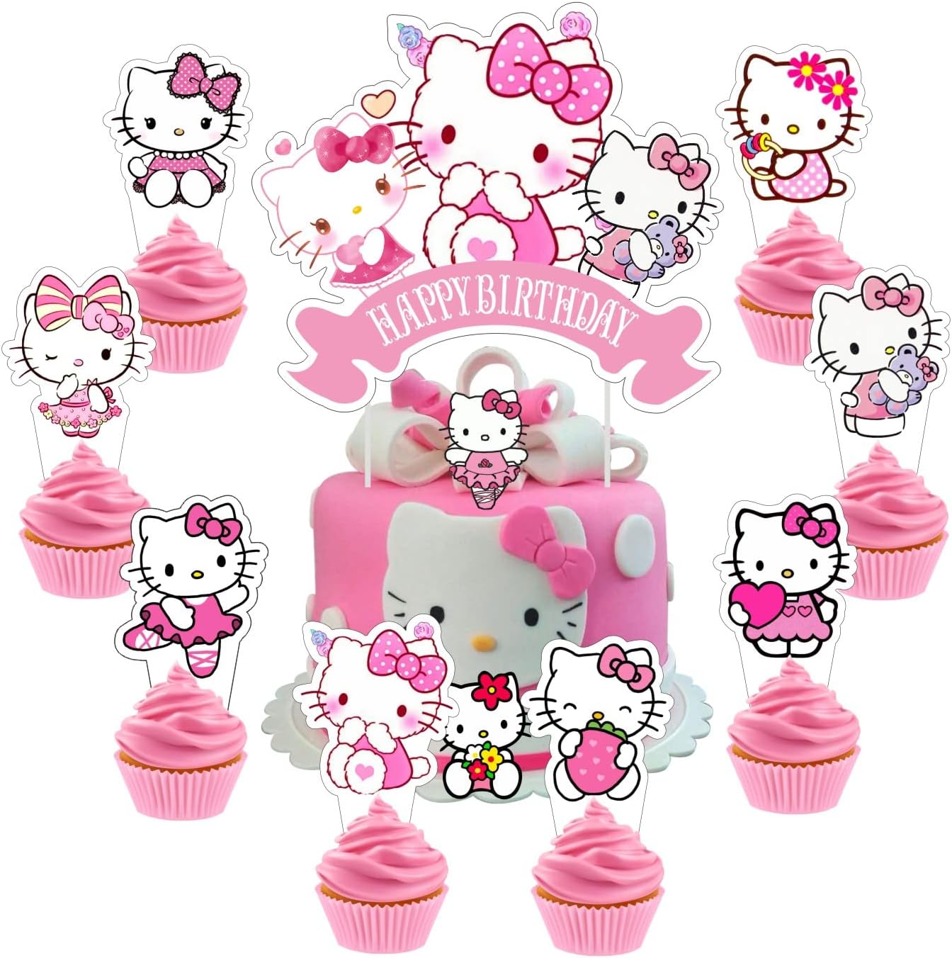 Amazon.com: 25pcs Kitty Cake Decorations with 1pcs Cake Topper, 24pcs ...