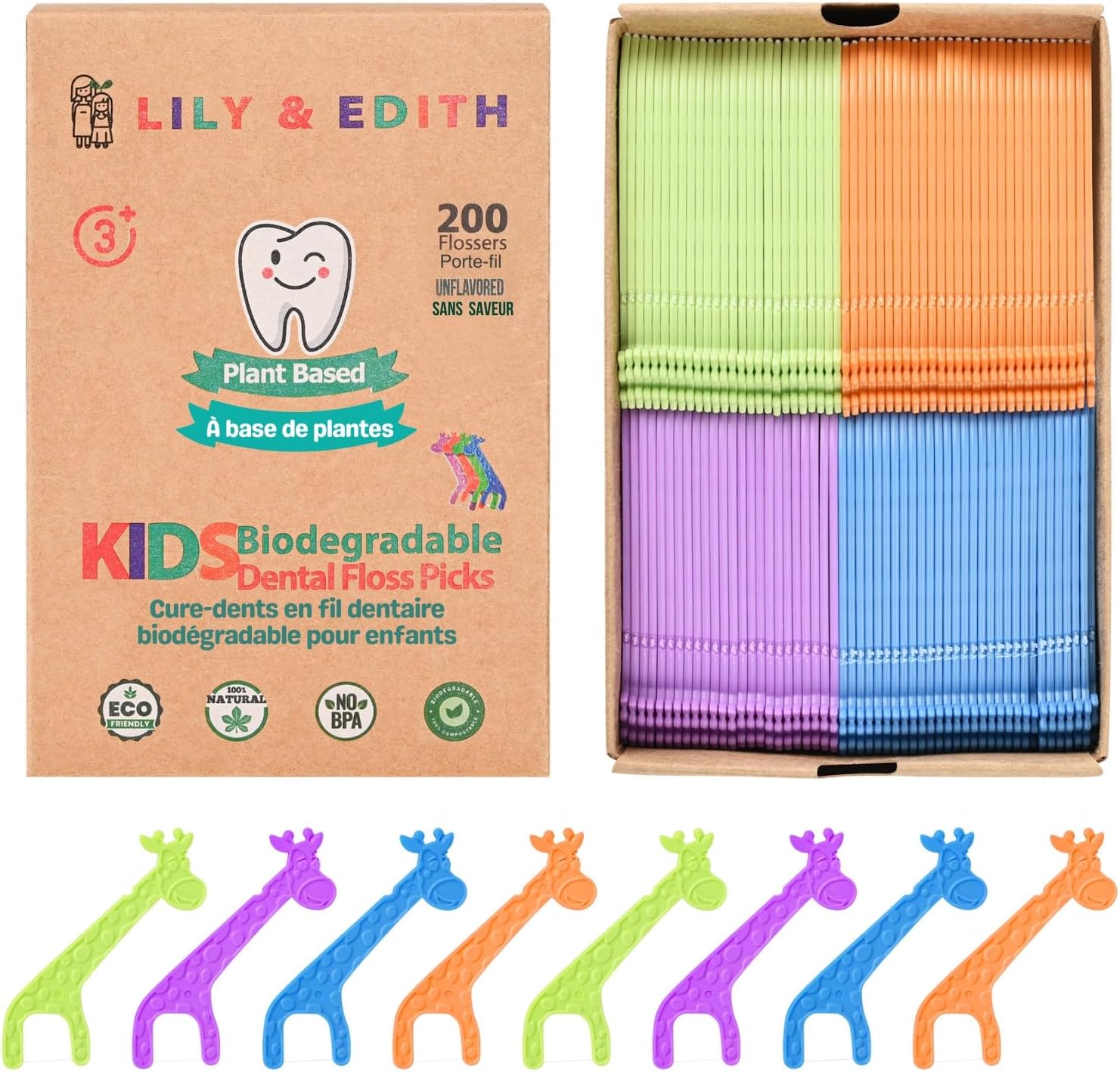 LILY & EDITH Kids Biodegradable Dental Floss Picks 200 Counts, Fluoride ...