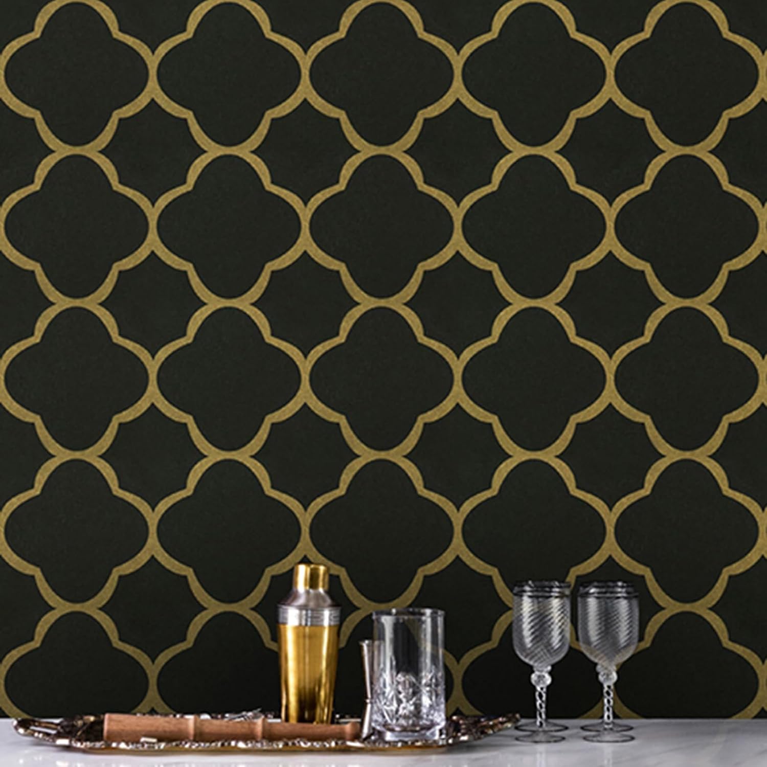 GloryTik Peel and Stick Wallpaper Black and Gold Wallpaper Geometric ...