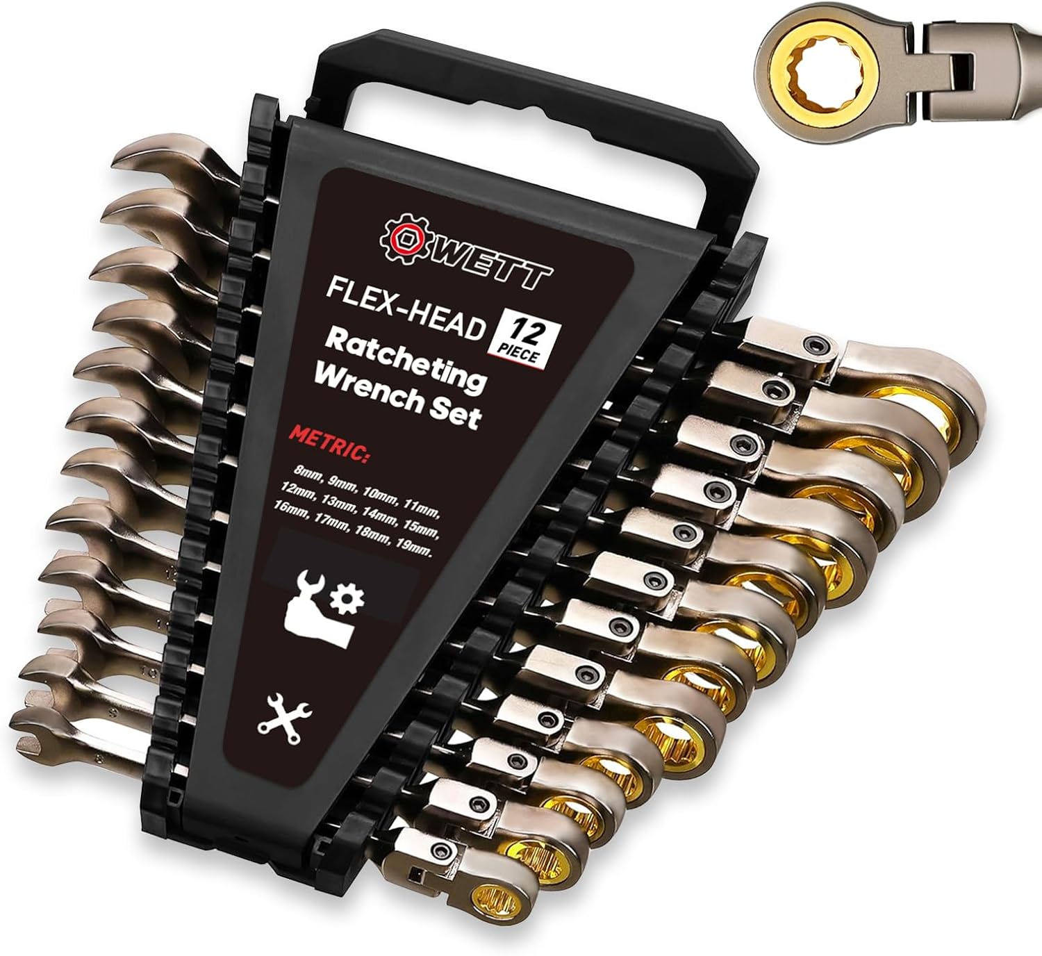 WETT Flex-Head Ratcheting Wrench Set, 12-Piece 180° Metric Ratchet ...