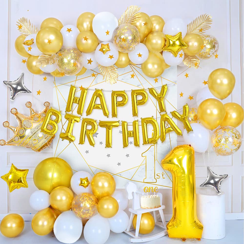 Buy Gold 1st Birthday Decorations, HAPPY BIRTHDAY Balloons Banner ...