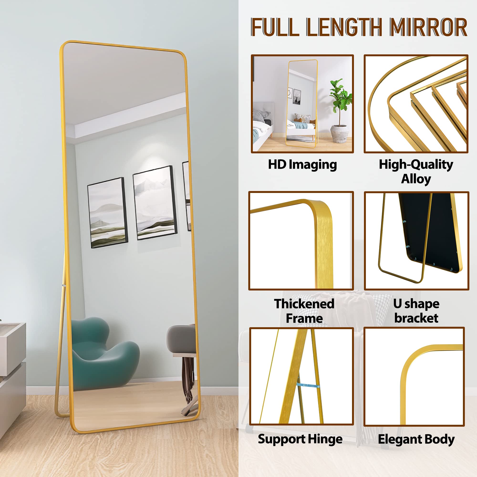 Beauty4U 65" x 22" Rounded Frame Full Length Mirror with Stand, Gold ...