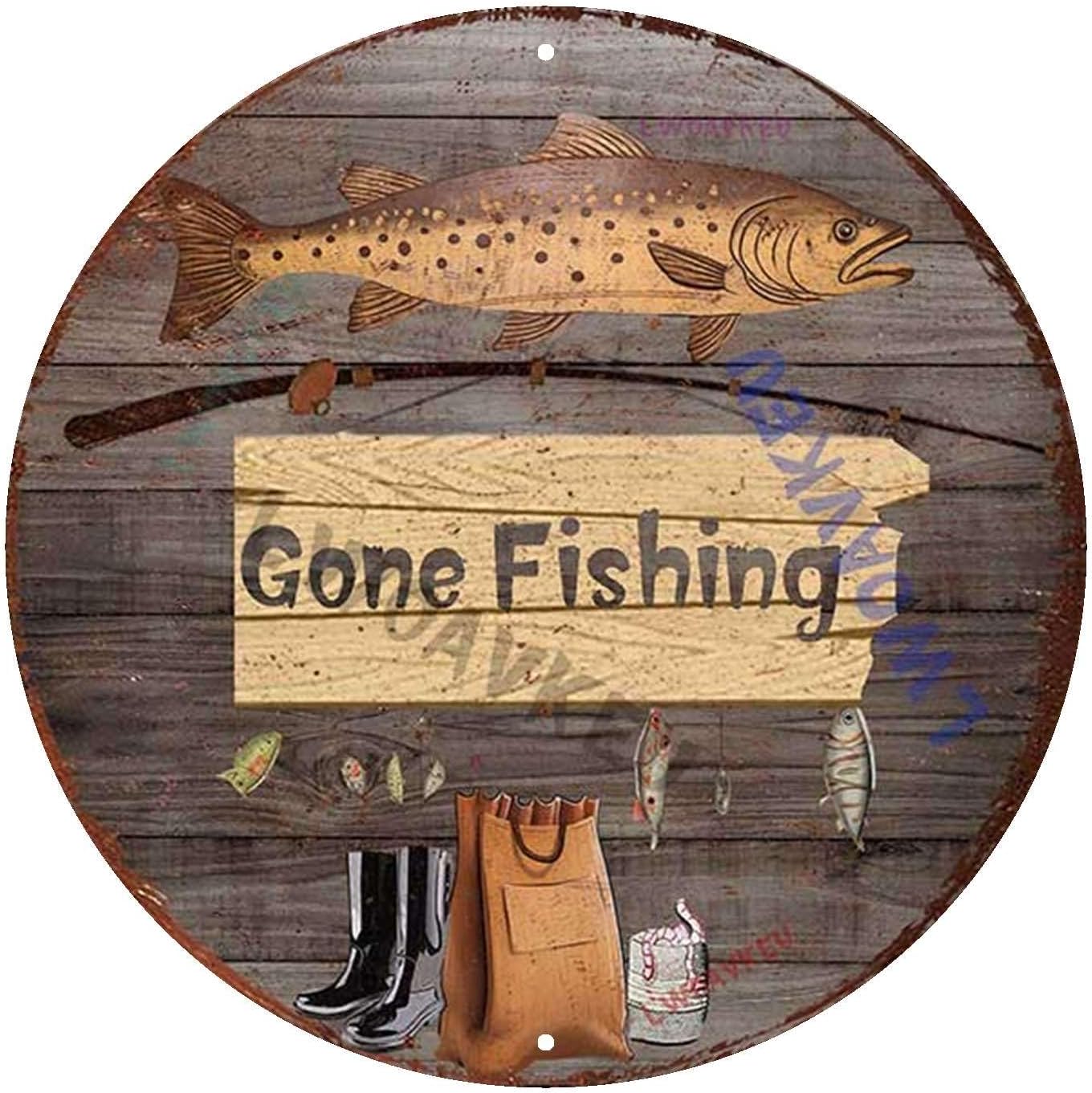 Amazon.com: Round Aluminum Metal Signs Gone Fishing For Man Cave Home ...