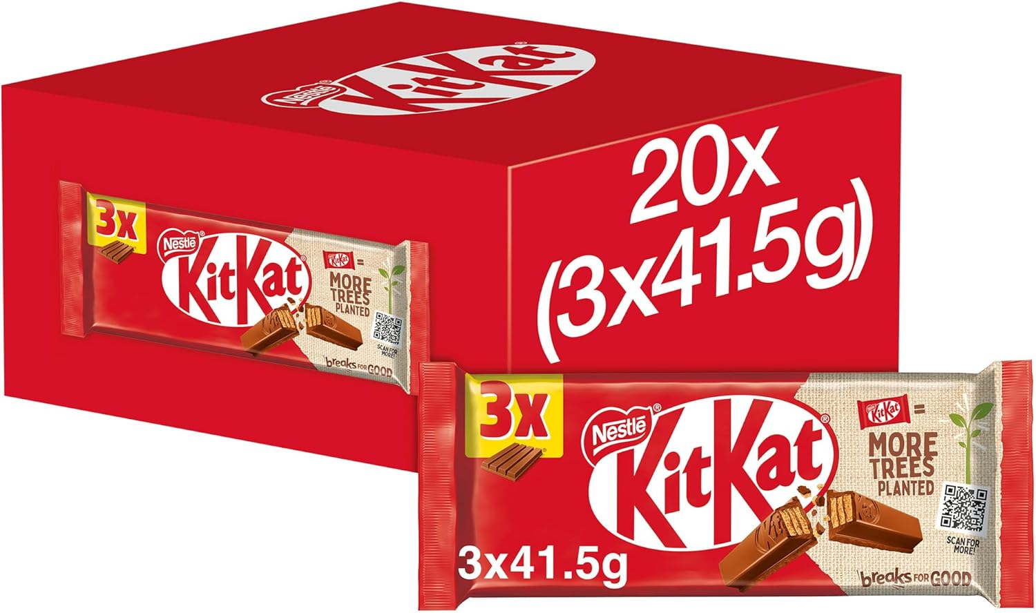 KitKat 4 Finger Milk Chocolate Bar Multipacks, 20 Pack of 3 x 41.5 g ...
