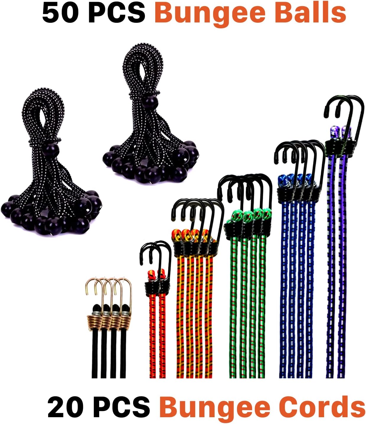 Premium Bungee Cords Assorted Sizes - 20 pcs in Storage Jars & 50 pcs 6 ...