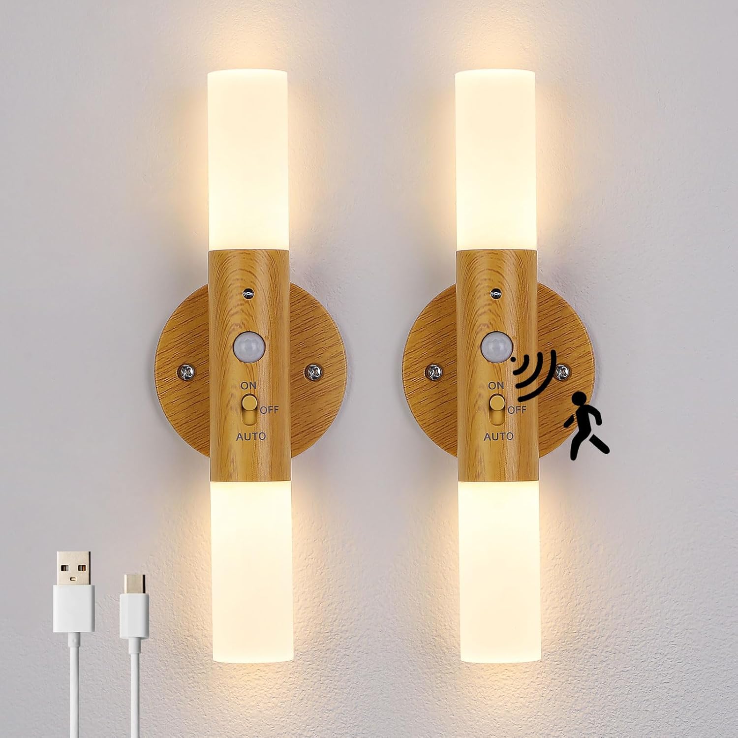 Lampop Rechargeable Wall Lights Indoor 2PCS Motion Sensor Night Light ...