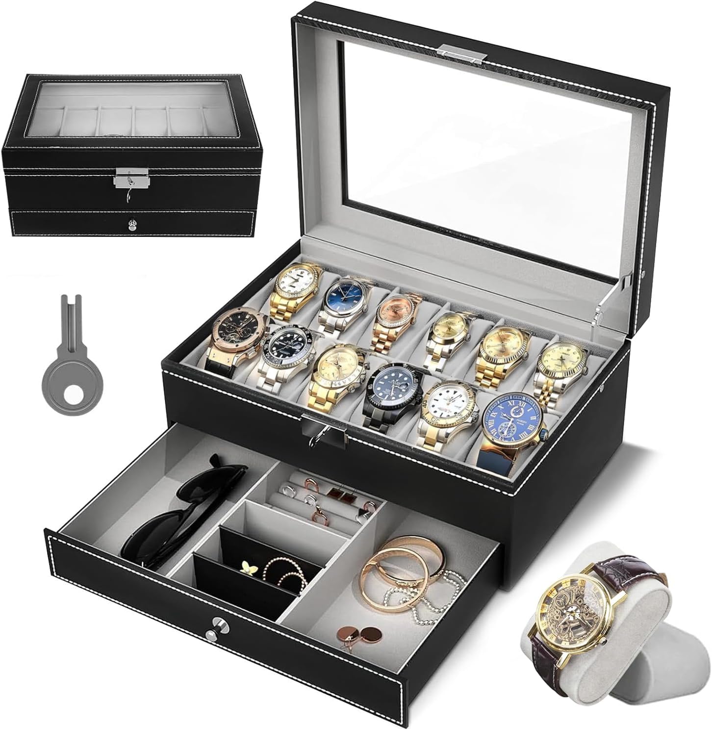 SONGMICS Caja para Relojes con 12 Ranuras, Expositor con Ventana, Chapa ...