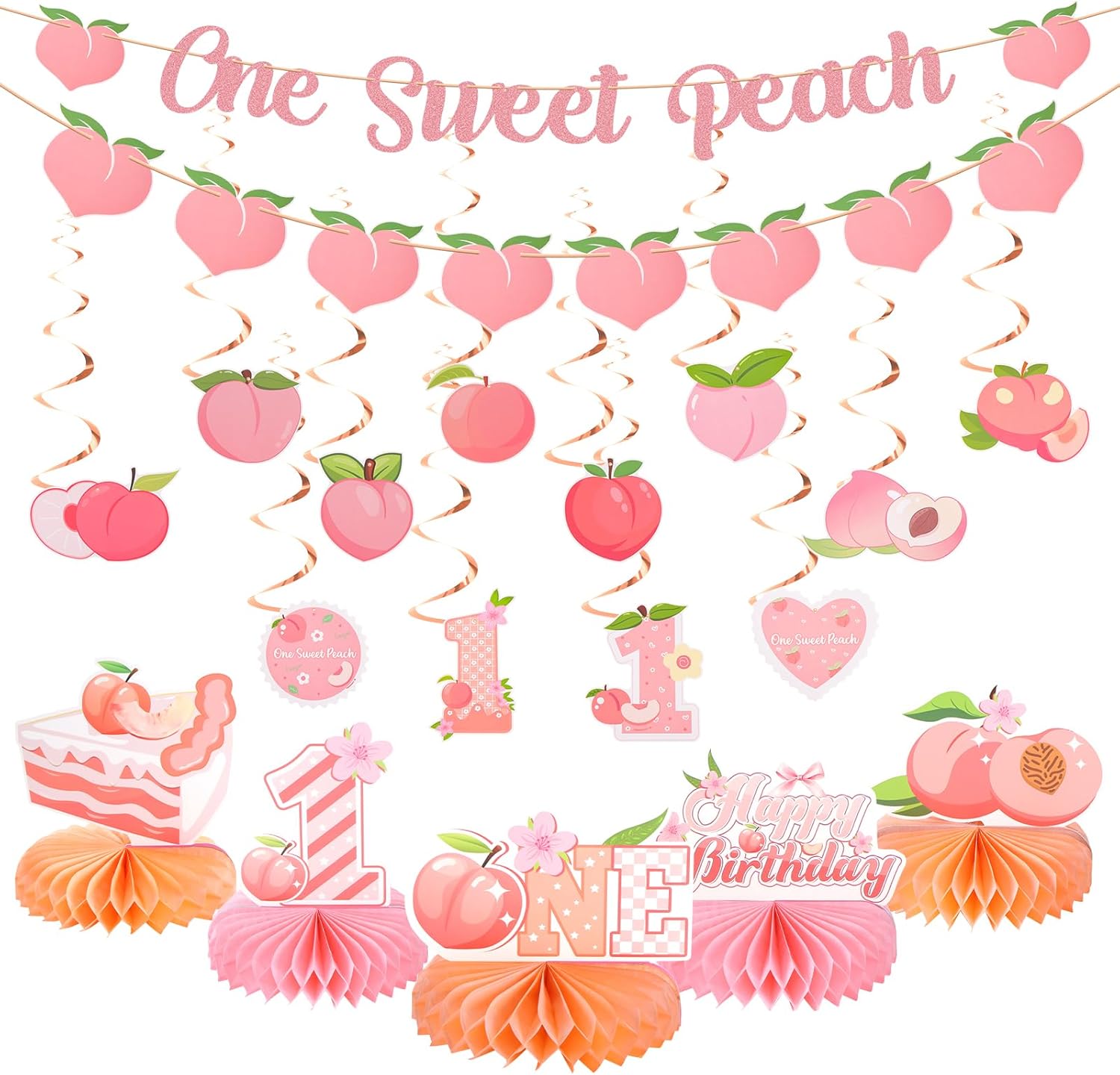 Amazon.com: 31Pcs One Sweet Peach Birthday Decorations Peach 1st ...