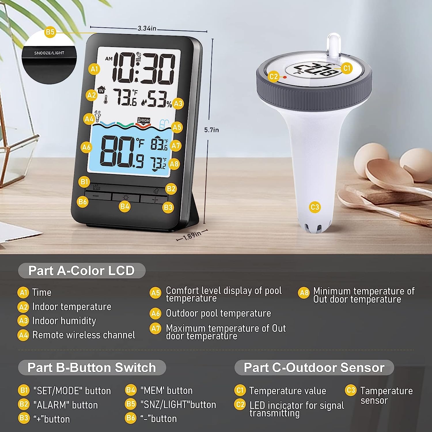 HEYAXA Wireless WiFi Pool Thermometer with Easy-to-Read 4" Digital LCD Display, Perfect Water ...