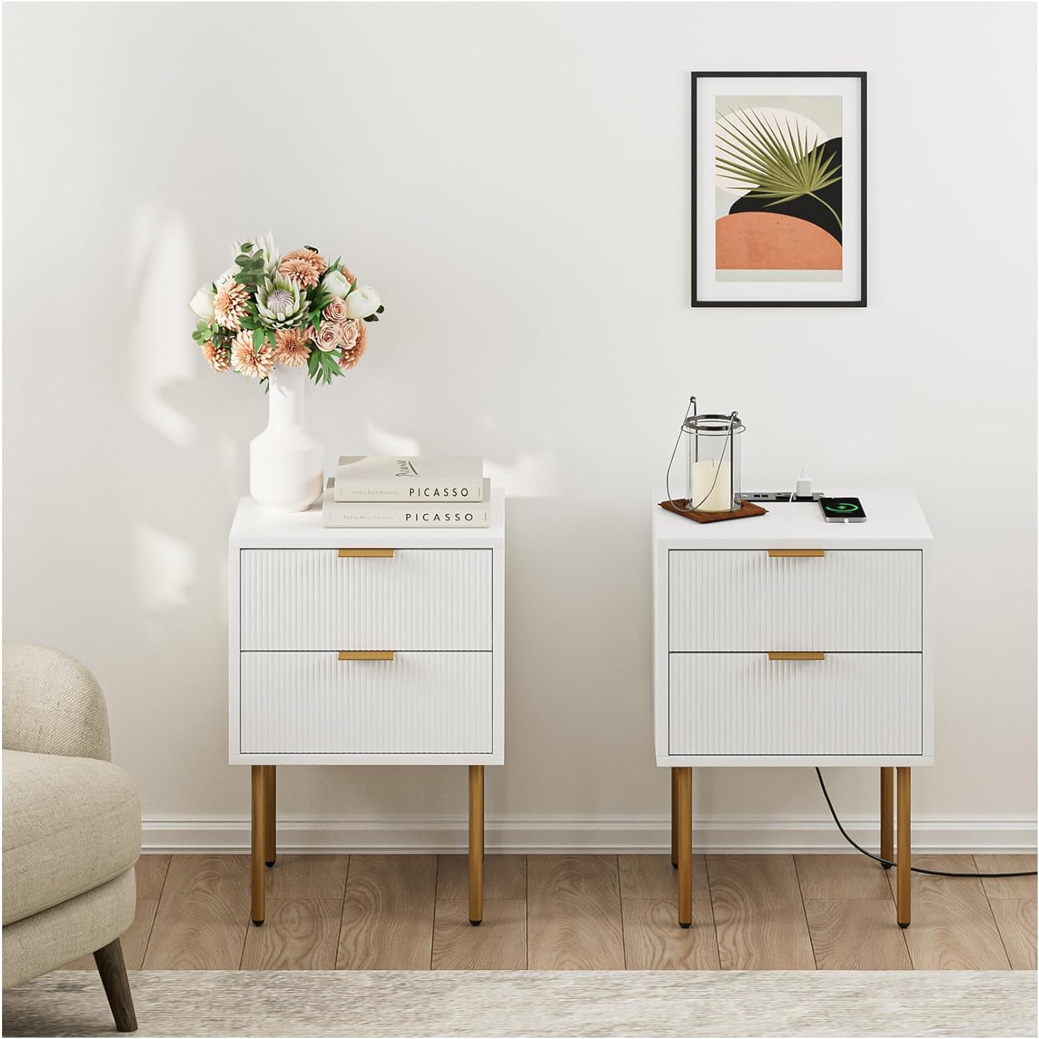 AEPOALUA Nightstand, 2 Drawer Bedside Table with Charging Station for ...