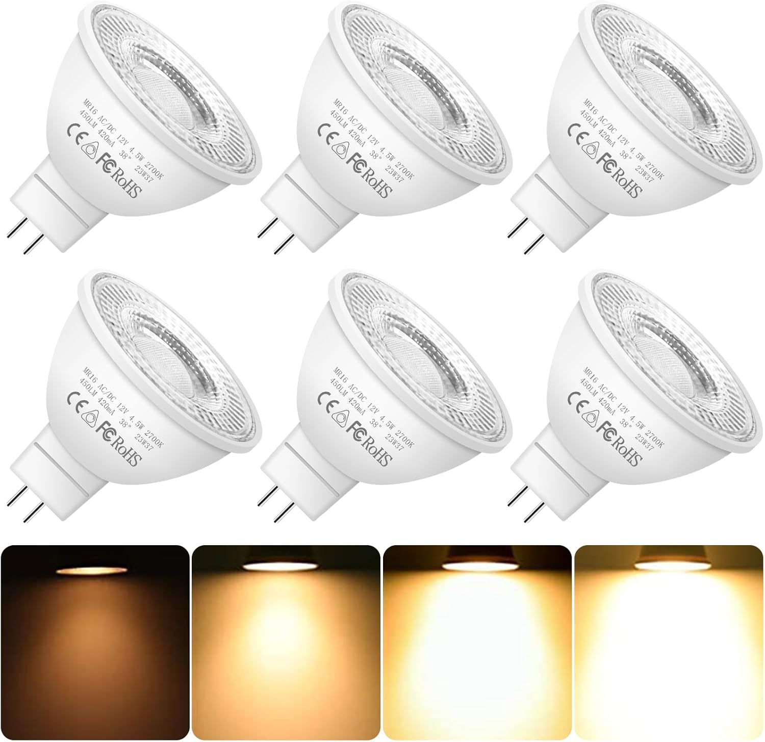 Levidon MR16 LED Bulbs Dimmable, 4.5W GU5.3 Pin Base Spotlight Bulb ...