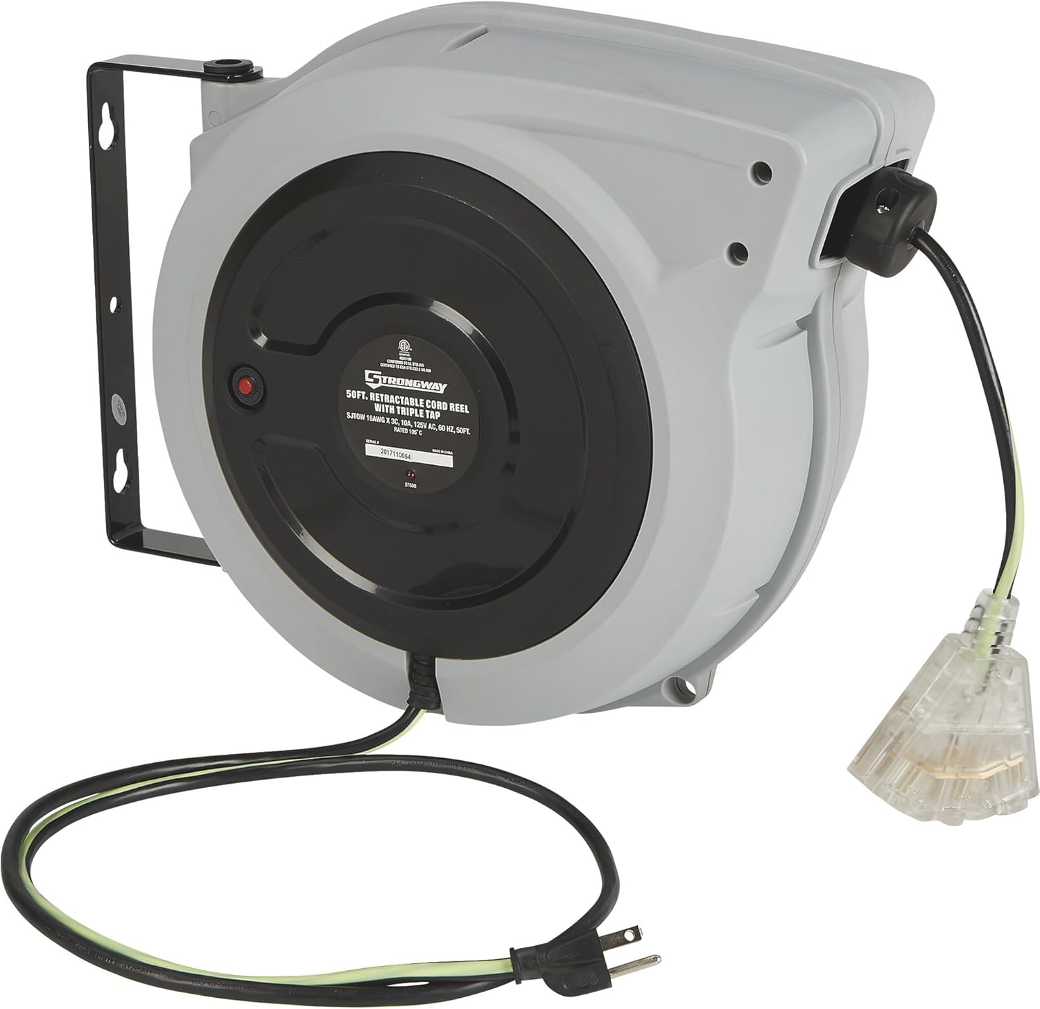 Strongway Retractable All-Weather Cord Reel - 50ft.L, 16/3, Triple Tap ...