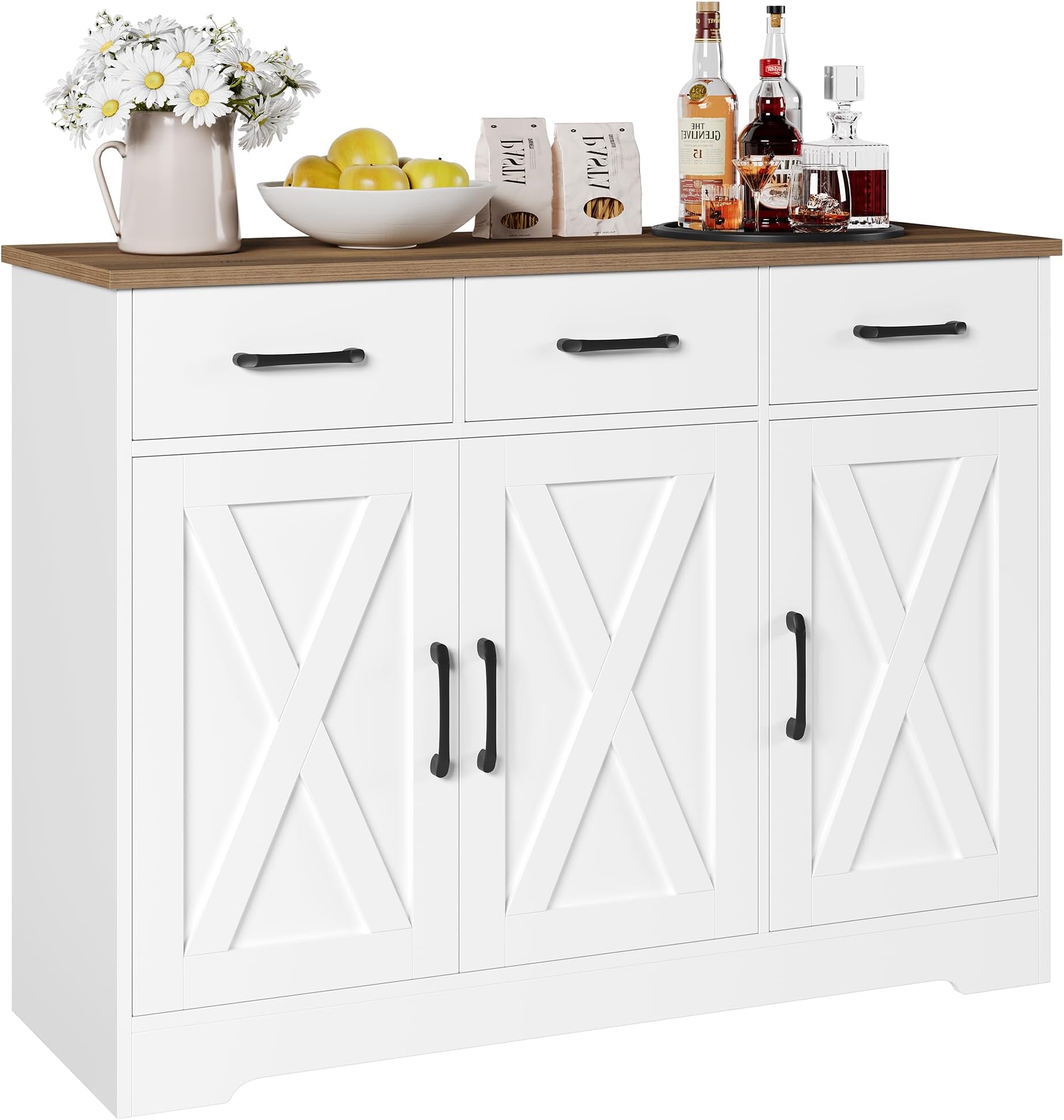 HOCSOK White Sideboard, Kitchen Cabinet with 3 Doors and 2 Drawers ...