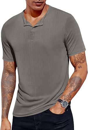 Runcati Mens Short Sleeve Henley Shirt Casual Cotton Knit Texture Slim ...