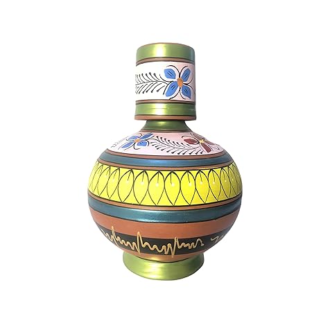 Buy Terracotta Clay Surahi (Big) with Glass 4 Litre Earthenware Printed ...