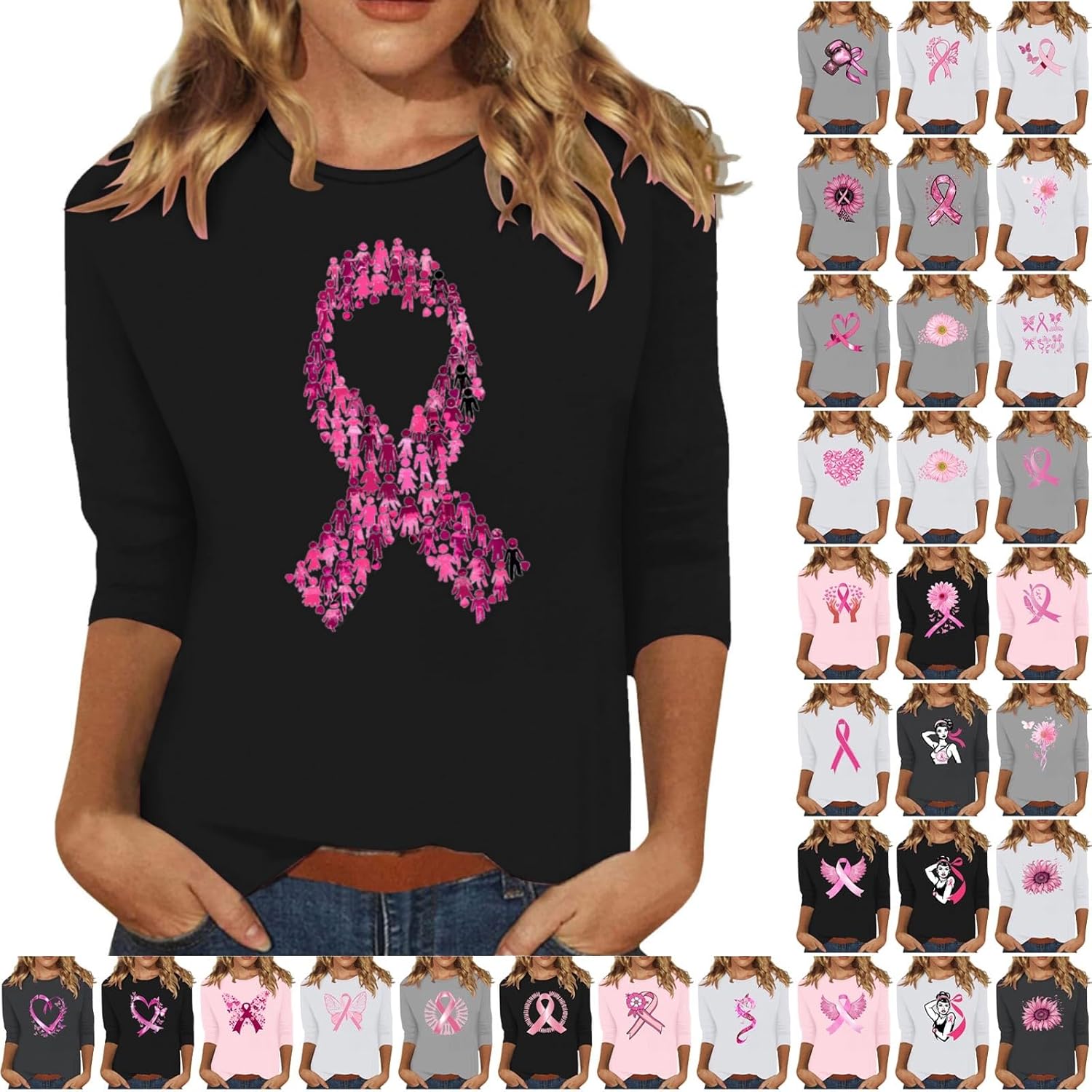Breast Cancer Shirts for Women - Casual Fashion 3/4 Sleeve Pink Ribbon ...