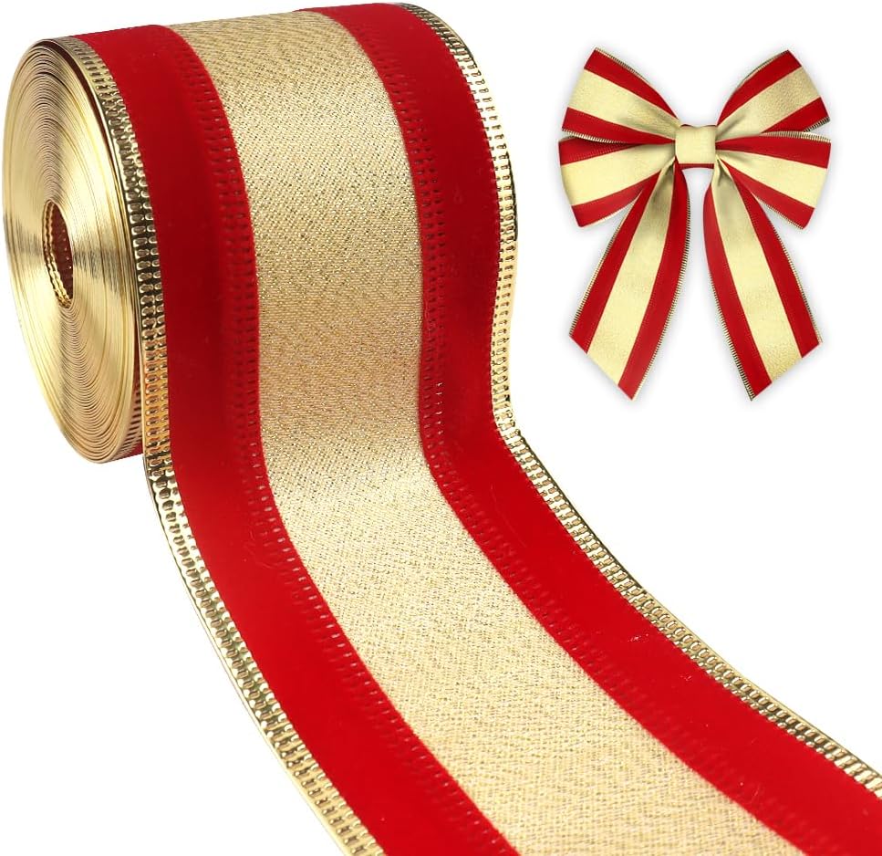 Amazon.com: ABTOLS 10 Yards Christmas Ribbons 2.5", Red Gold Stripe ...