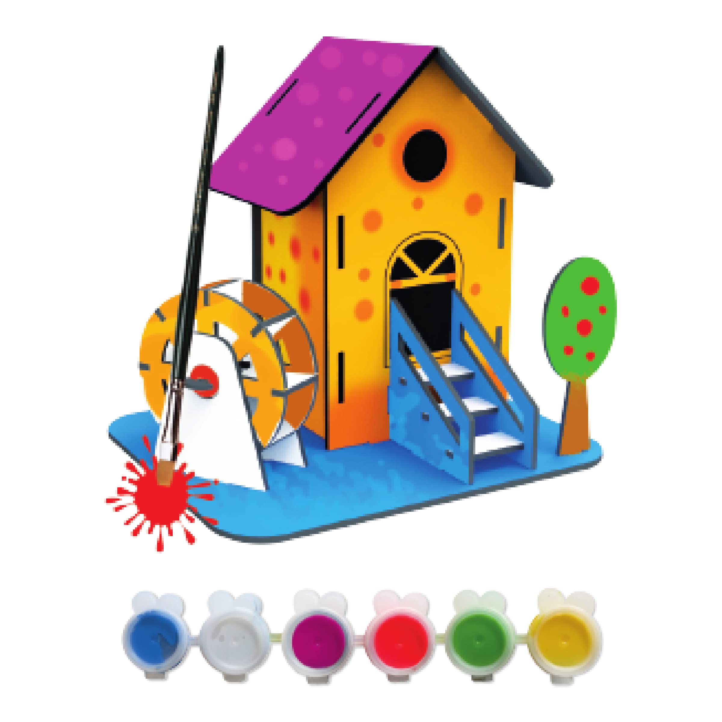 Wooden Water Mill Model Kit for Painting with Paints and Brush. MDF ...