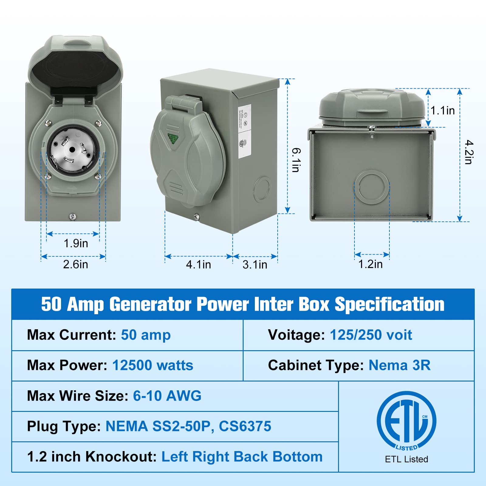 Snapklik.com : 50 Amp Power Inlet Box And 15FT Generator Cord, 125V ...