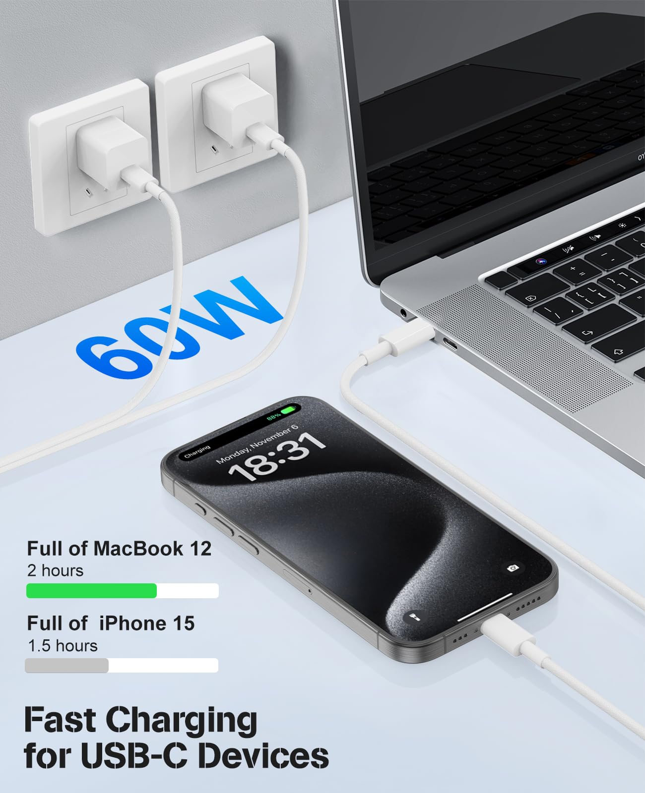 Snapklik.com : USB C To USB C Charger Cable 6FT, 3A 60W Type C To Type ...