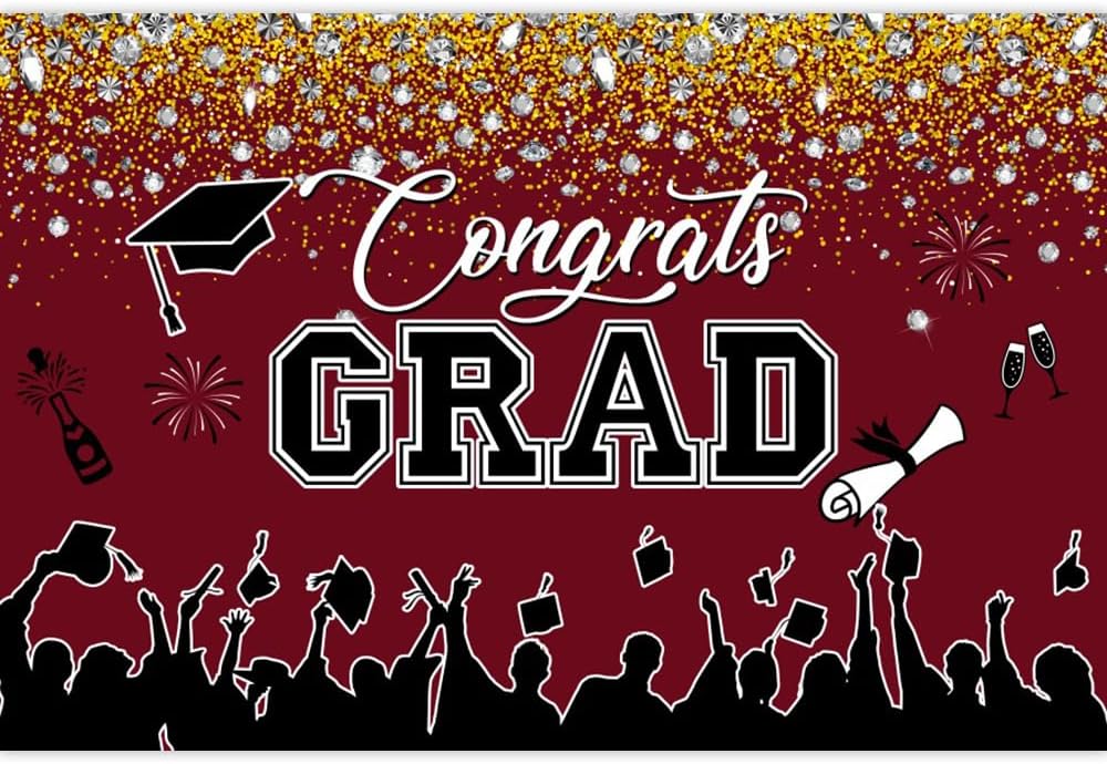 Leowefowa Congrats Grad Backdrop 8x6ft Burgundy Red Black Graduation ...