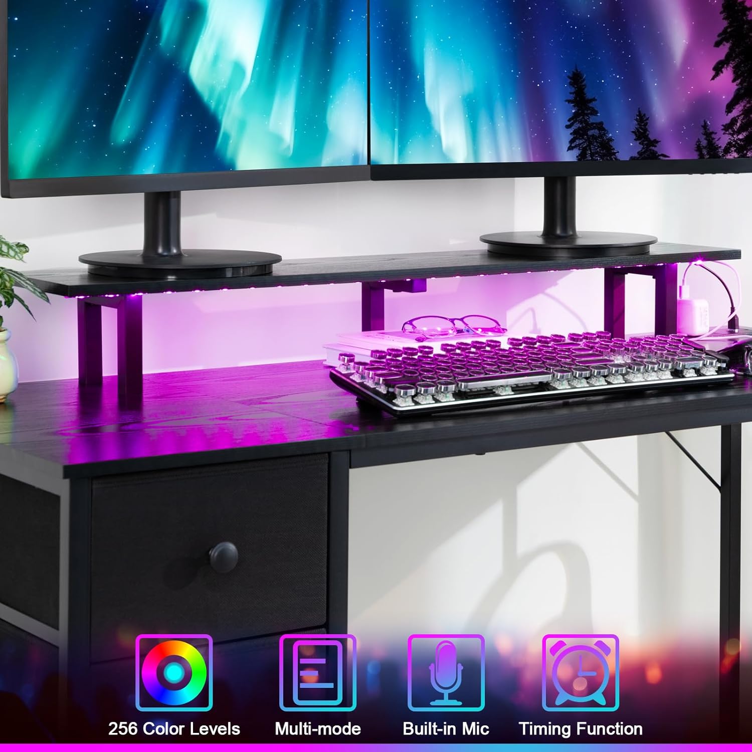 47 Inch Desk with Drawers, Gaming Desk with LED Light & Power Outlets ...
