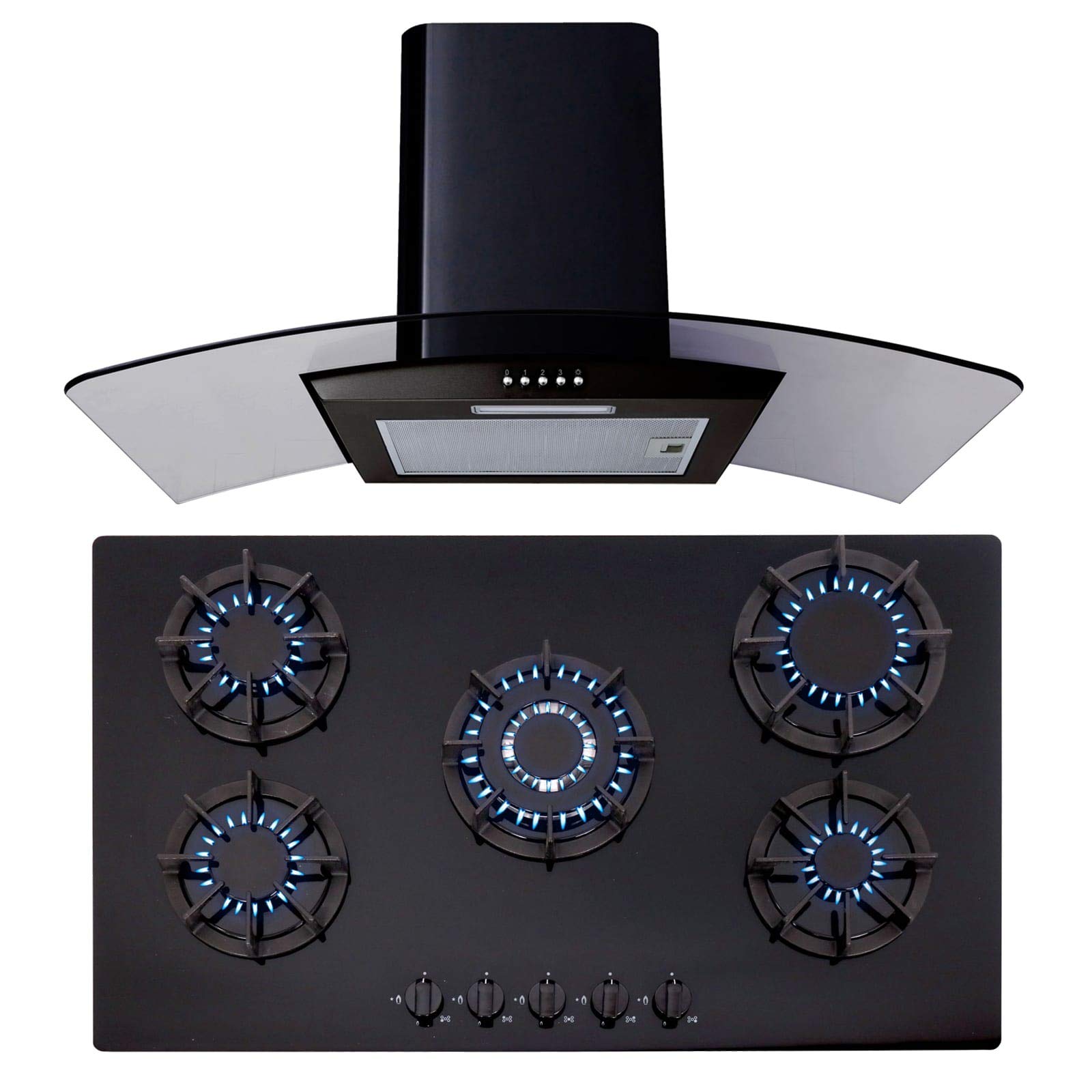 Buy SIA 90cm Black 5 Burner On Glass Hob & Curved Glass Cooker Hood ...