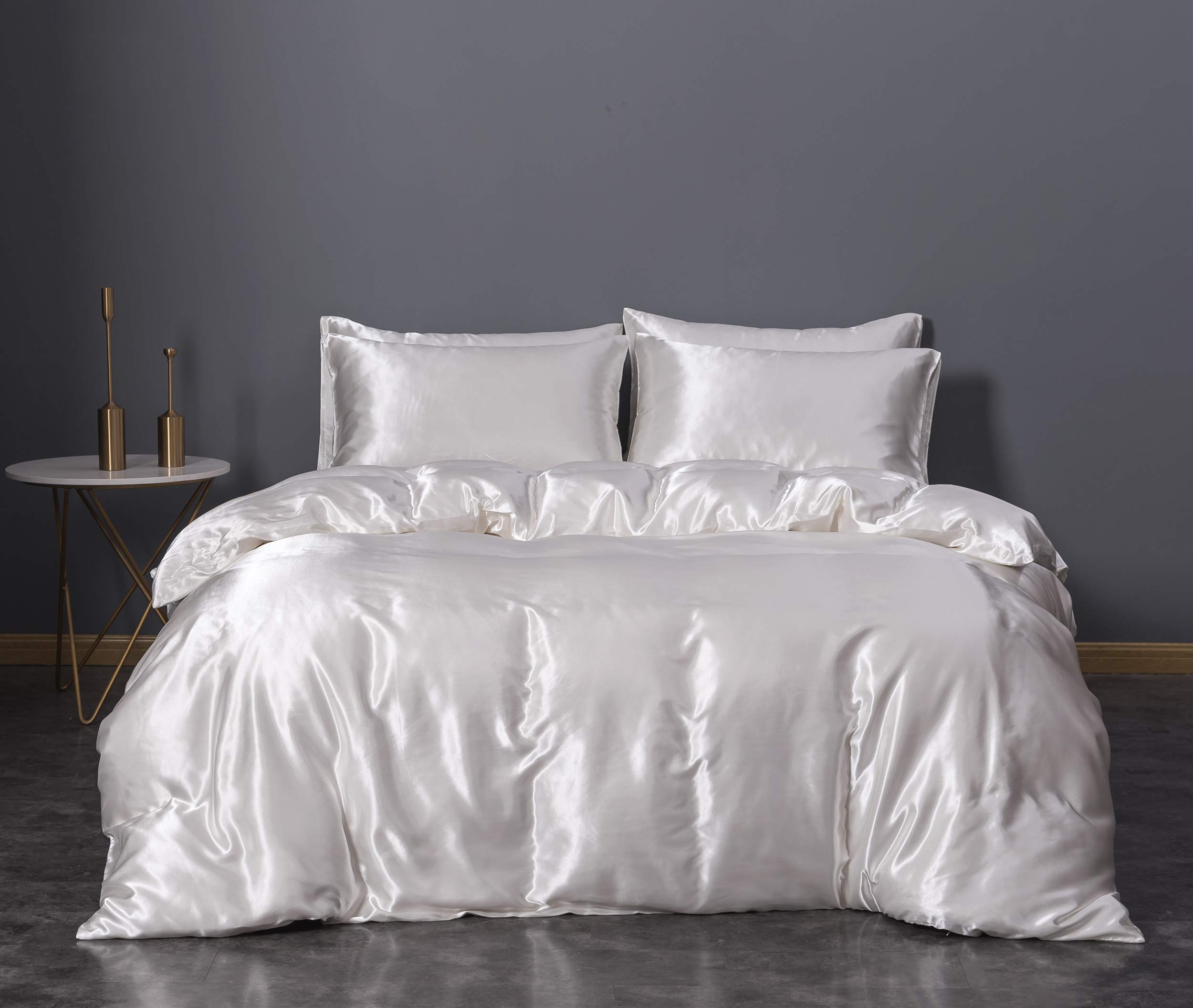 Amazon.com: BEDCOLOR Silk Like Satin Soft Duvet Cover Set (Cream White ...