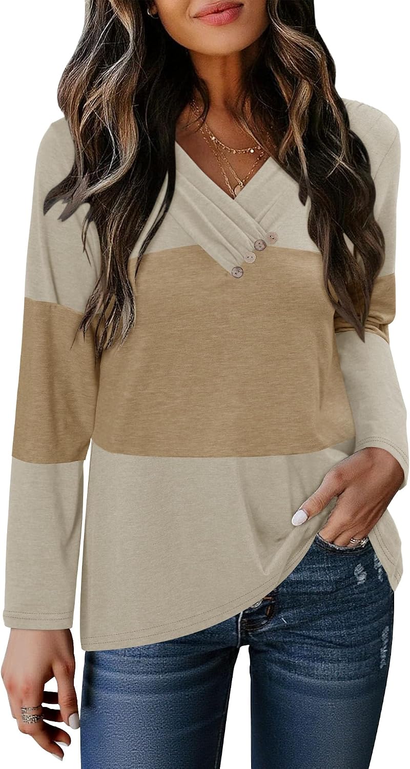 KISSMODA Apricot Tops for Women Long Sleeve Color Block Tops for Women ...