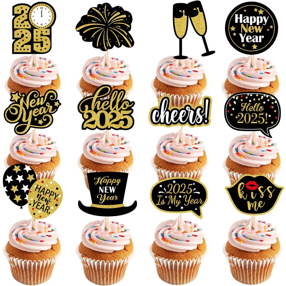 Amazon.com: Dtzzou 24 Pack Black Gold 2025 Happy New Year Cupcake ...
