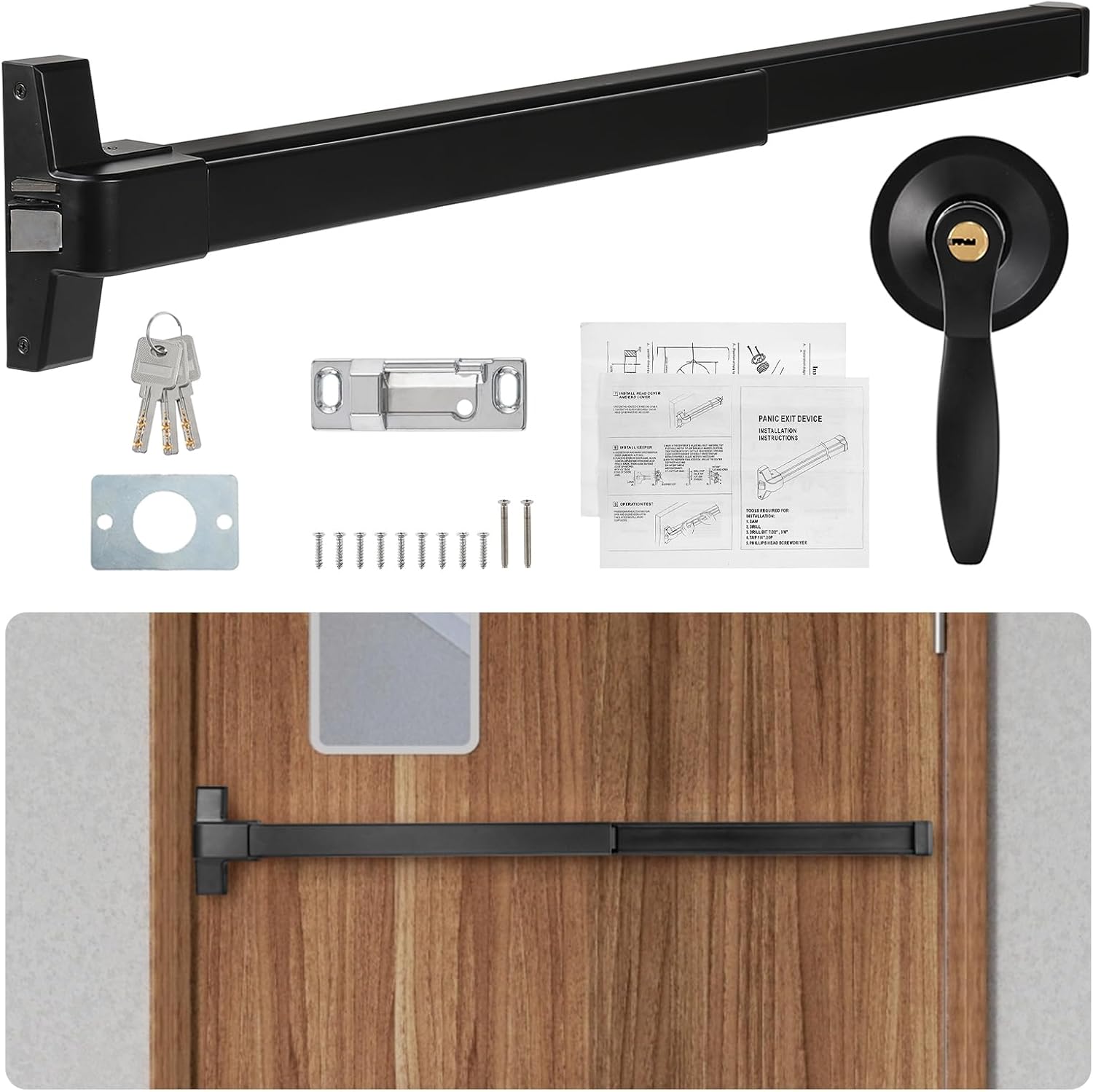 BEAMNOVA Black Push Bar Door Lock Panic Exit Device with Exterior Lever ...