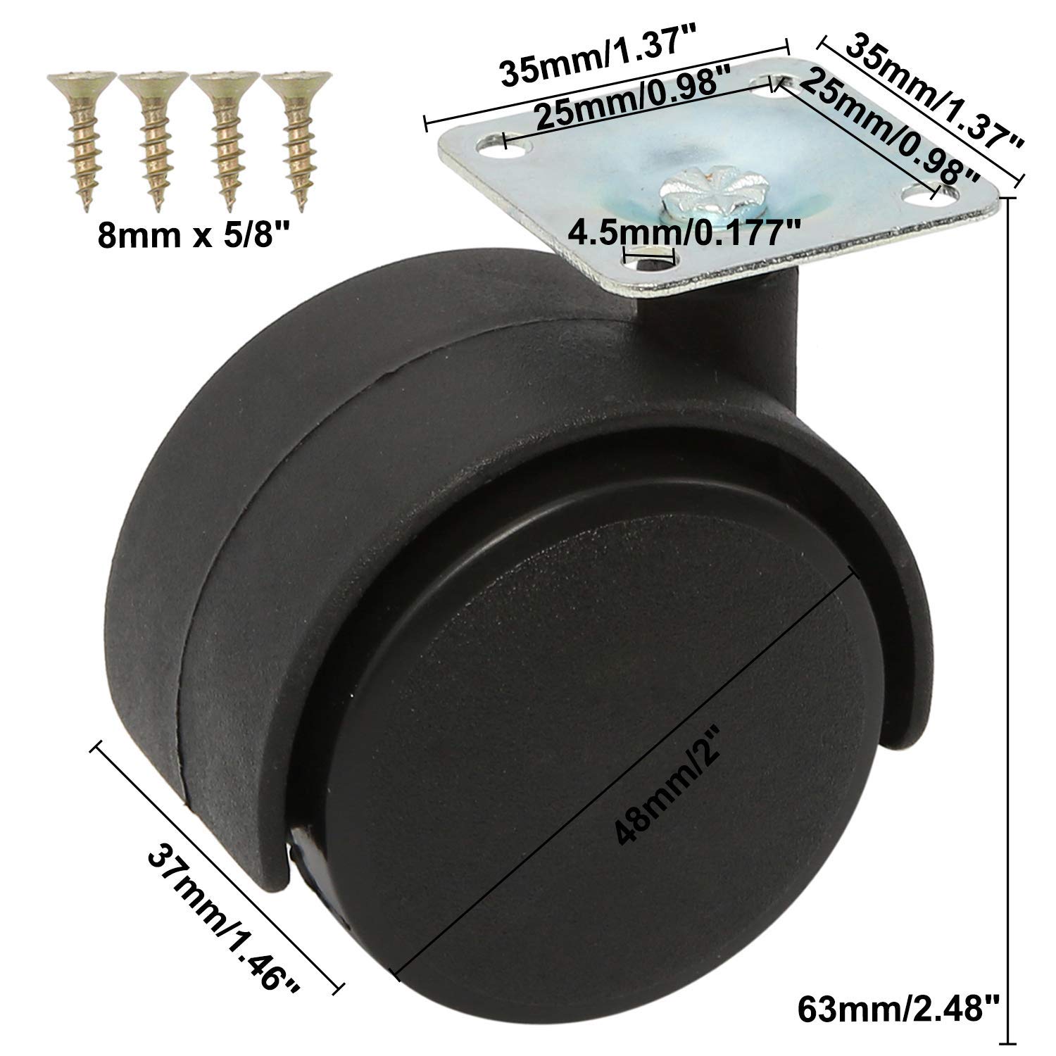 Snapklik.com : DasMarine 4 Pack 2 Inch Plastic Casters, Black Nylon ...