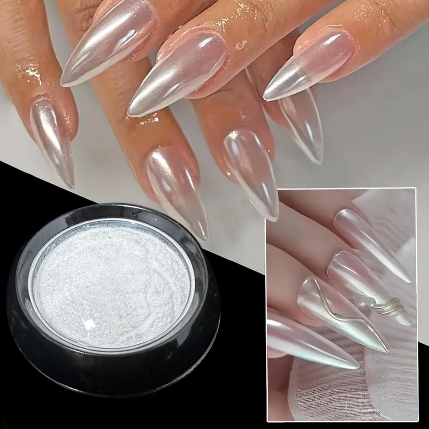 Amazon.com: Holographic White Pearl Chrome Nail Powder Mirror Effect ...