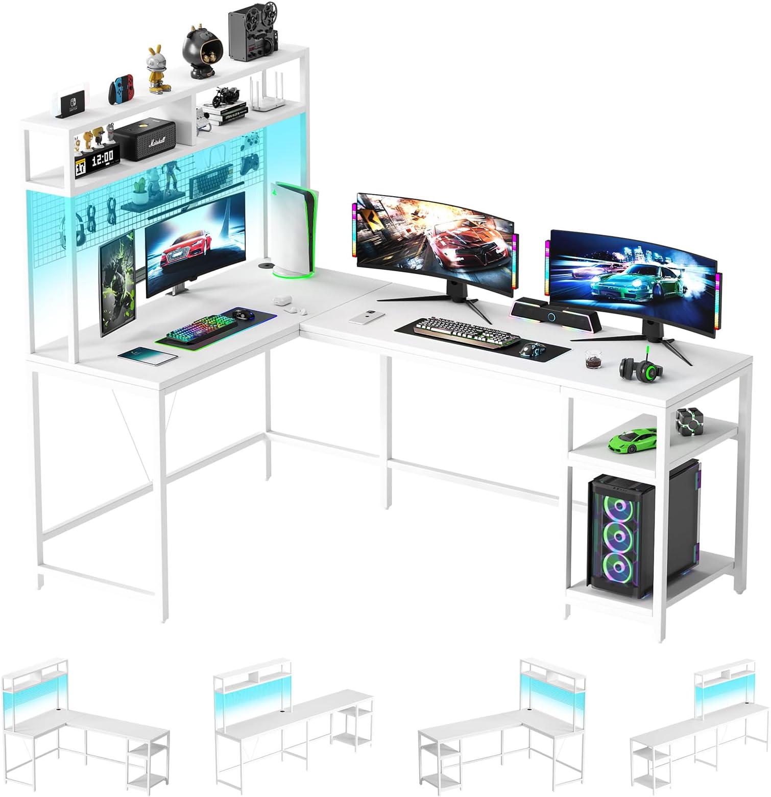 Amazon.com: SEDETA White L Shaped Gaming Desk with LED Lights and ...