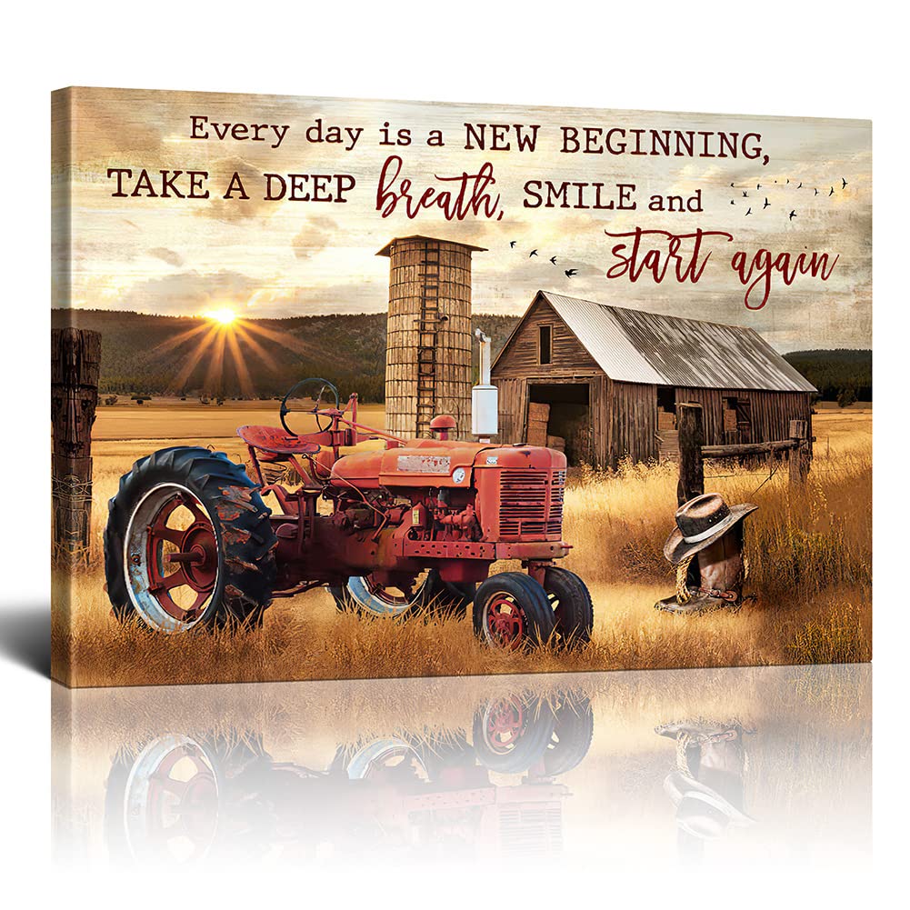 Amazon.com: Red Tractor And Rustic Barn Wall Art Farmhouse Barn ...