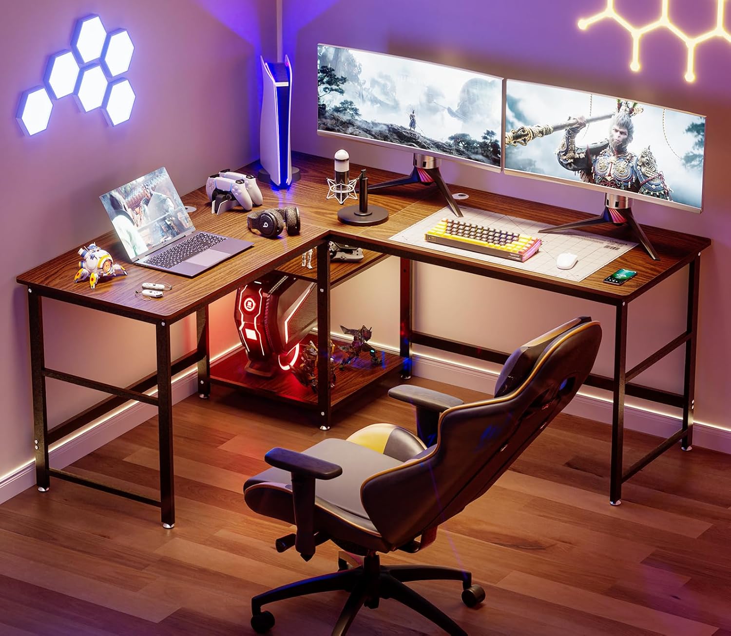 Amazon | DEWEL l字デスク 幅170+150cm 奥行60cm パソコンデスク L字型 デスク ゲーミングデスク pcデスク 机 収納 棚 ラック付き コーナーデスク オフィス ...