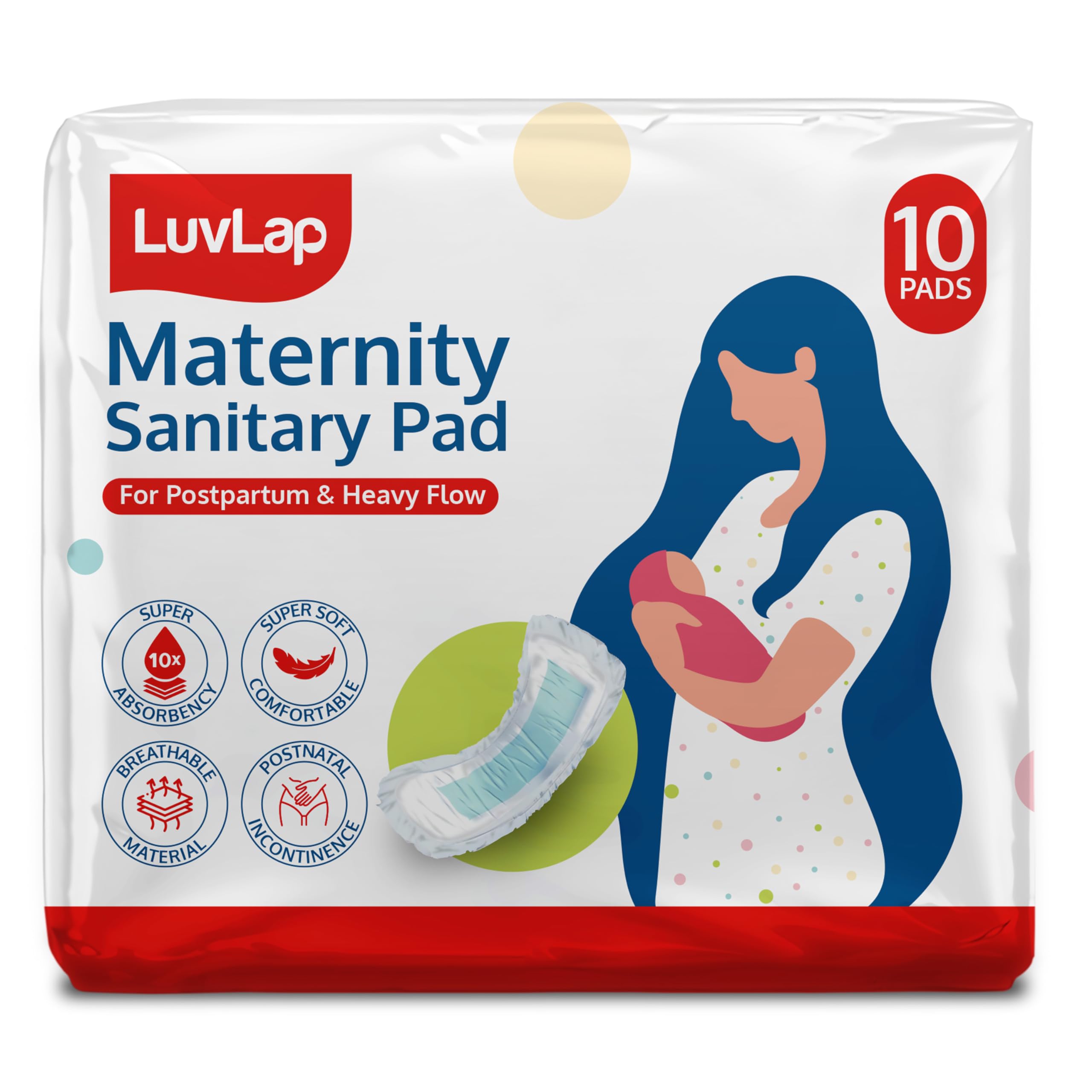 LuvLap Extra Absorbent Maternity Pads, Pack of 10 Pads, 0-2 Weeks Post ...