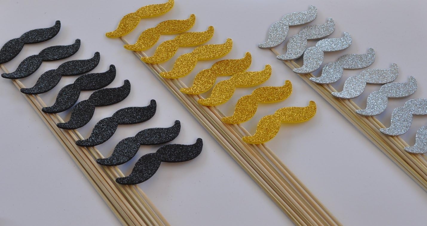 Amazon.com: 24 Mustaches Black Gold Silver Mustache on a Stick Photo ...