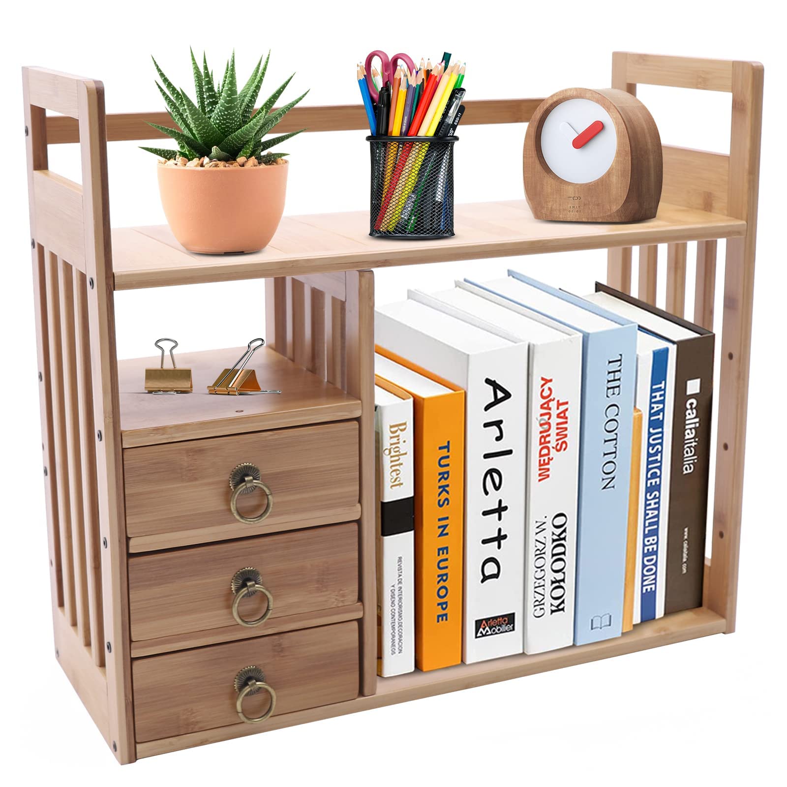 Amazon.com: Bamboo Desktop Bookshelf with Drawers, Tabletop Bookshelf ...