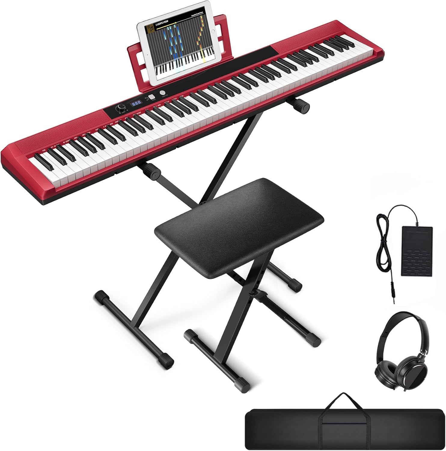 Amazon.com: UISCOM 88 Key Semi-weighted Electronic Keyboard Piano (Red) + X-Style Adjustable ...