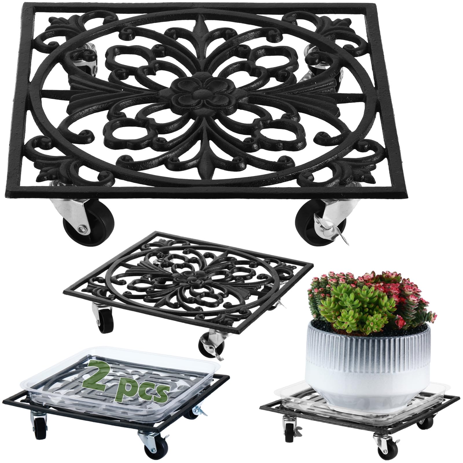 Amazon.com: 2 Packs 12" Square Cast Iron Plant Caddy with Wheels Large ...
