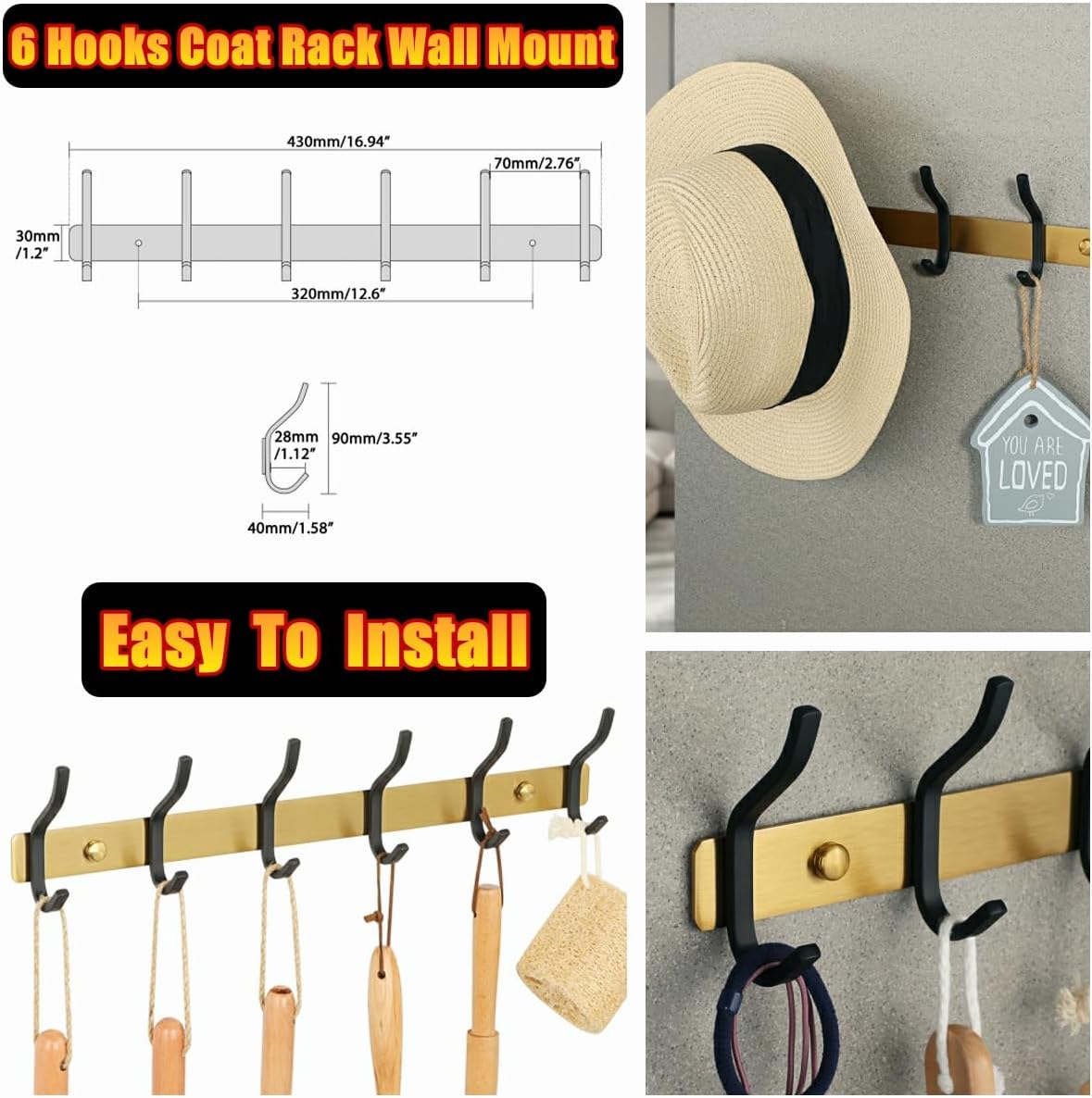 Alise Perchero de pared con 6 ganchos dobles para colgar abrigos ...